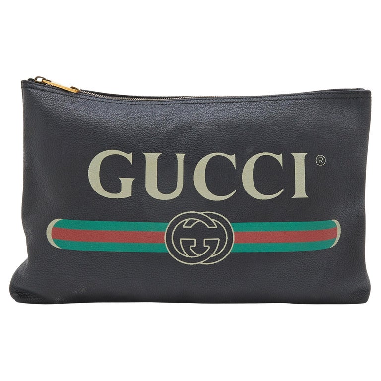 Gucci Black Leather Logo Print Zip Pouch For Sale at 1stDibs