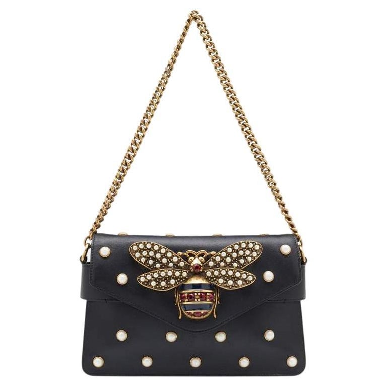 Gucci Black Leather Mini Pearl Studded Queen Margaret Broadway Shoulder ...
