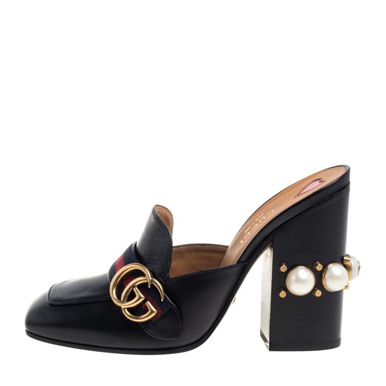 Gucci Black Leather Peyton GG Web Faux Pearl Studded Mules Size 38 at ...