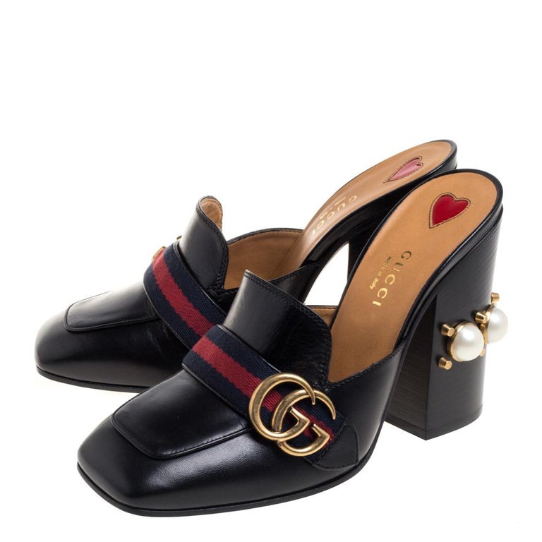 Gucci Black Leather Peyton GG Web Faux Pearl Studded Mules Size 38 at ...
