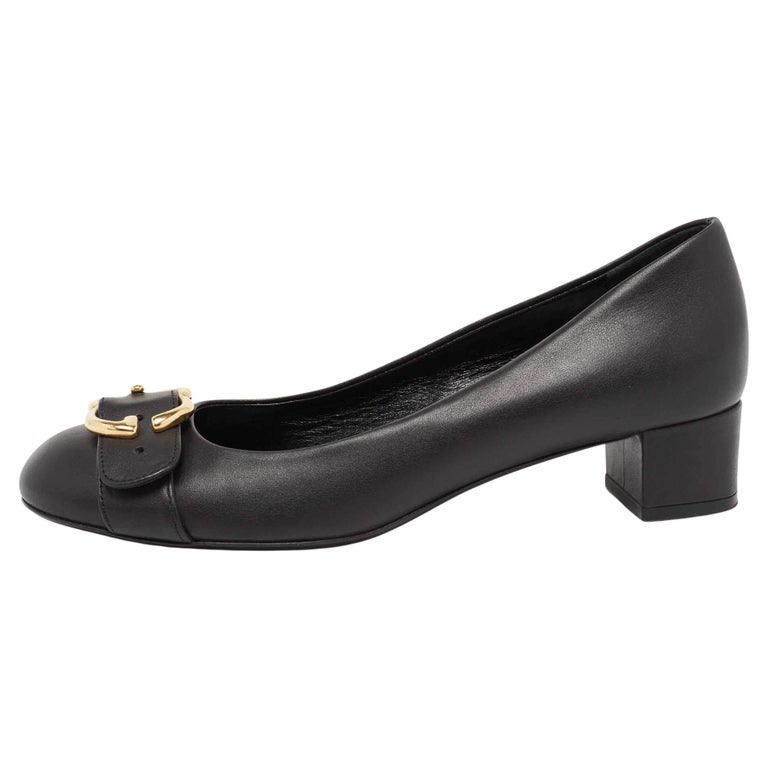 Gucci Black Leather Sachalin Buckle Detail Round Toe Block Heel Pumps ...