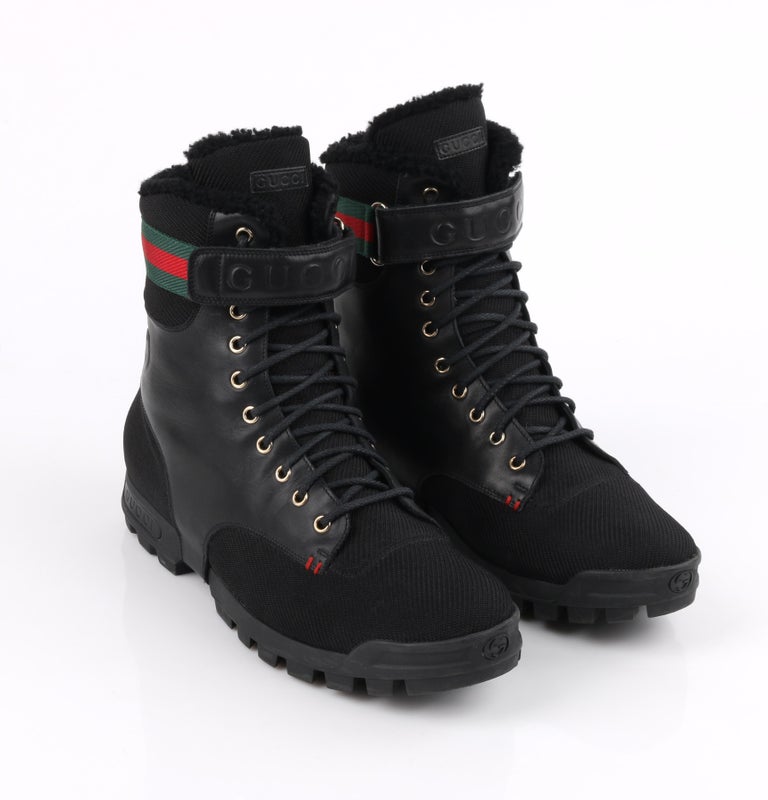 GUCCI Black Leather Signature Webbing Shearling Lined Combat Boots at ...
