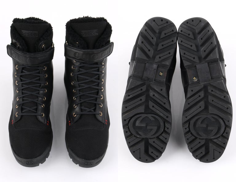 GUCCI Black Leather Signature Webbing Shearling Lined Combat Boots at ...