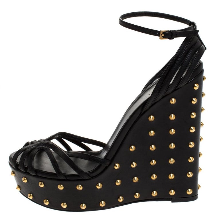 Gucci Black Leather Studded Wedge Ankle Strap Sandals Size 40 at ...