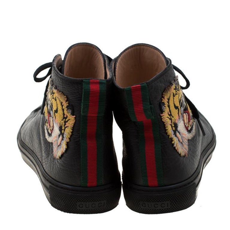 Gucci Black Leather Tiger Patch High Top Sneakers Size 42 For Sale at ...