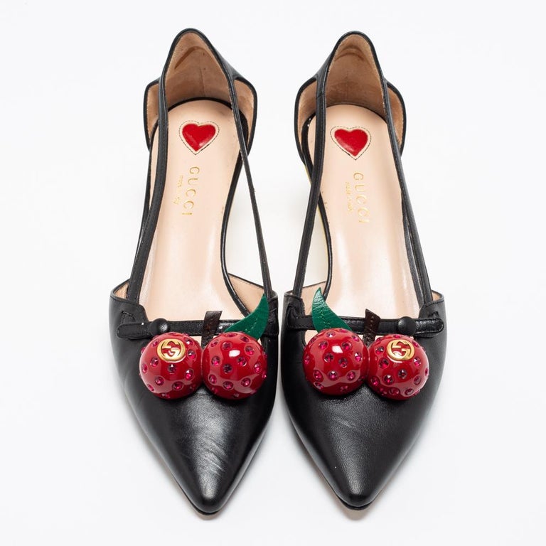 Gucci Black Leather Unia Cherry Bamboo Heel Pointed Toe Pump Size 36 ...