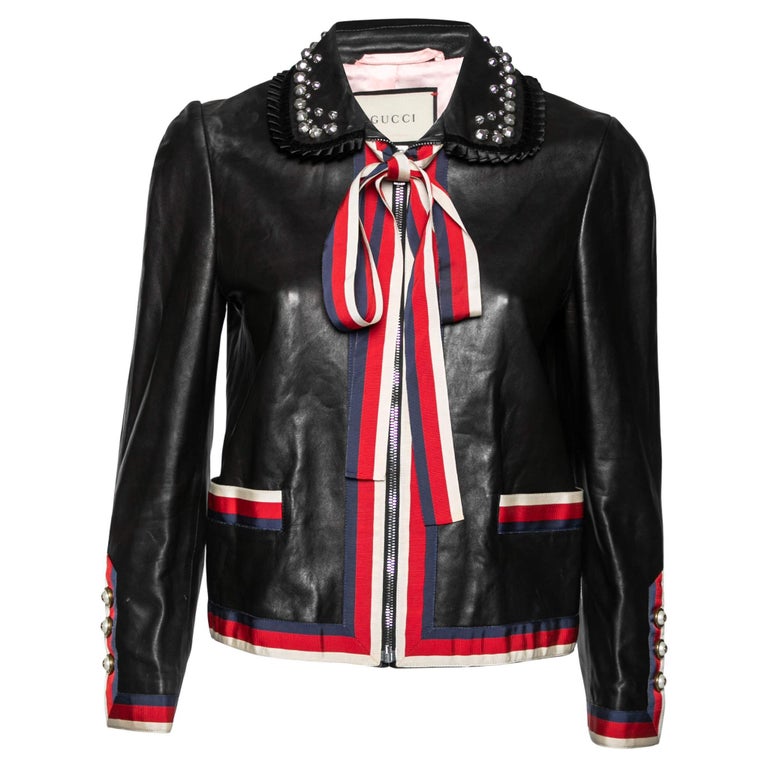Gucci Black Leather Web Detail Trim Bow Tie Studded Collar Jacket M For ...