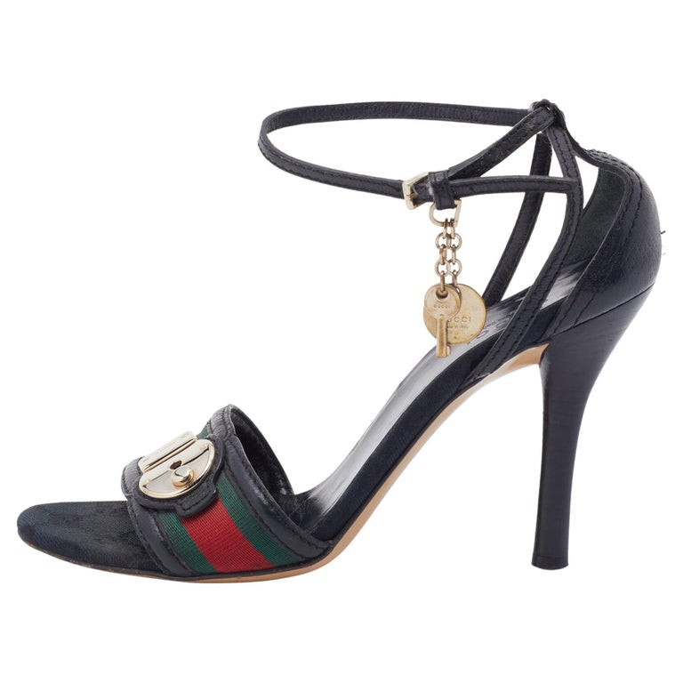Gucci Black Leather Web Lock Charm Detail Ankle Strap Sandals Size 36.5 ...