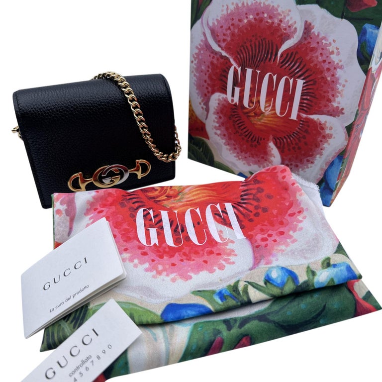Gucci Black Leather Zumi Credit Card Case Mini Wallet with Chain For ...