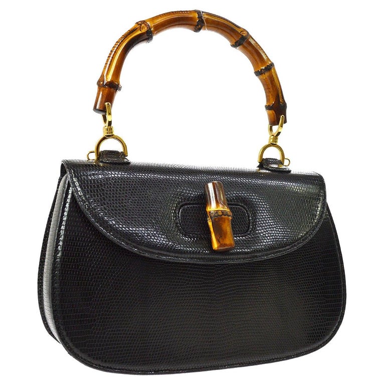 Gucci Black Lizard Exotic Bamboo Small Kelly Top Handle Satchel Flap ...