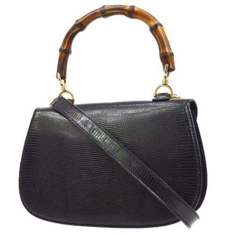 Gucci Black Lizard Exotic Bamboo Top Handle Satchel Kelly Style ...