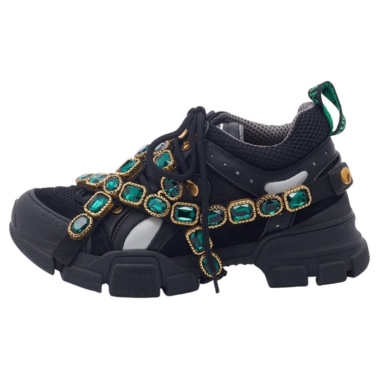 Gucci Black Mesh Leather Flashtrek Removable Crystals Low Top Sneakers ...