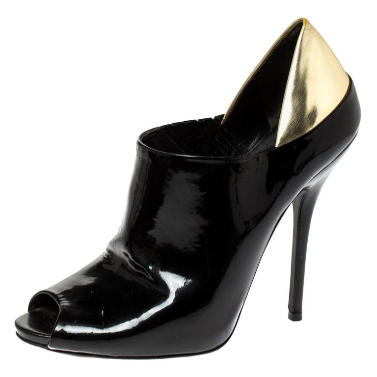 Gucci Black/Metallic Gold Patent Leather Peep Toe Booties Size 40 at ...