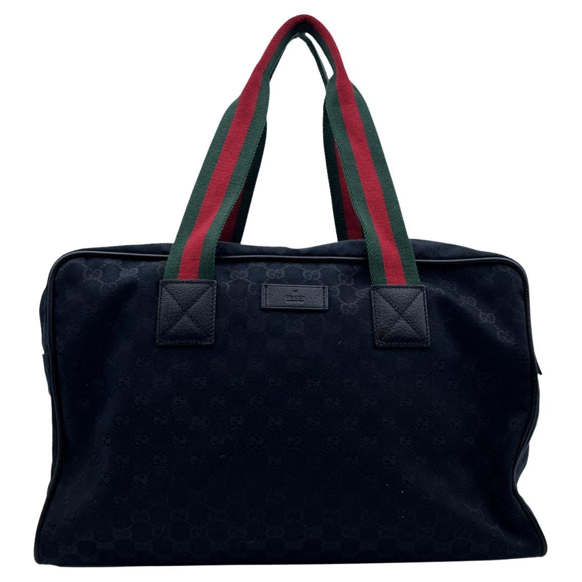 Gucci Black Monogram Canvas Web Duffle Duffel Travel Bag For Sale at ...