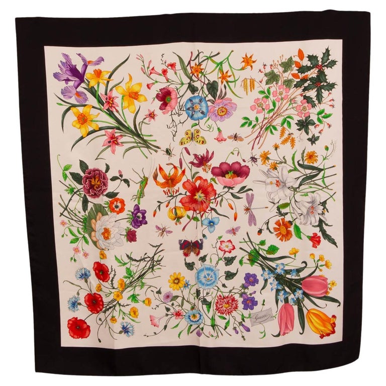 GUCCI black &multicoloured silk twill GOTHIC FLORA 90 Scarf For Sale at ...
