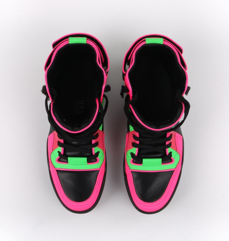 GUCCI Black Neon Green Pink Black Leather High Top Sneakers at 1stDibs ...