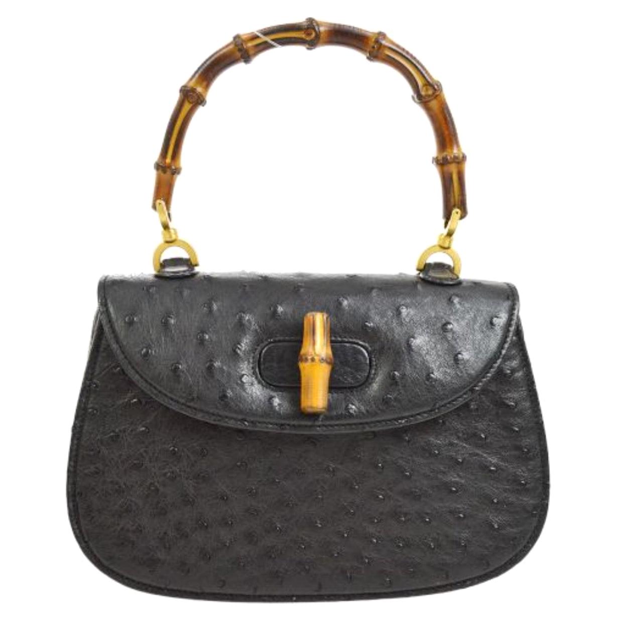 Gucci Black Ostrich Bamboo Exotic Kelly Style Top Handle Satchel ...