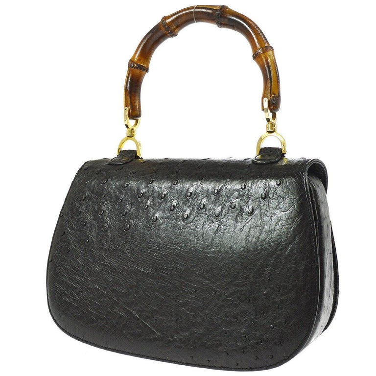 Gucci Black Ostrich Bamboo Mini Kelly Style Top Handle Satchel Evening ...