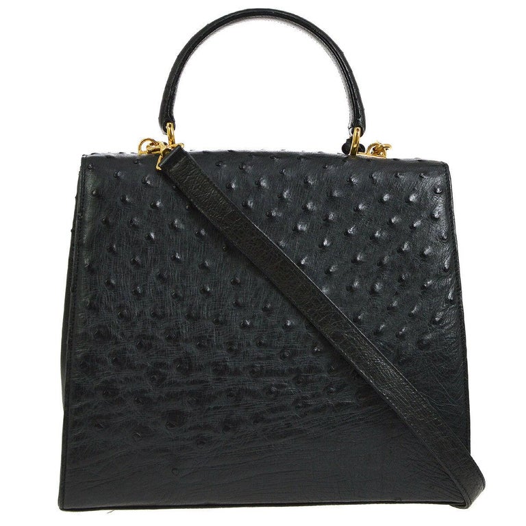 Gucci Black Ostrich Leather Kelly Style Top Handle Satchel Shoulder Bag ...