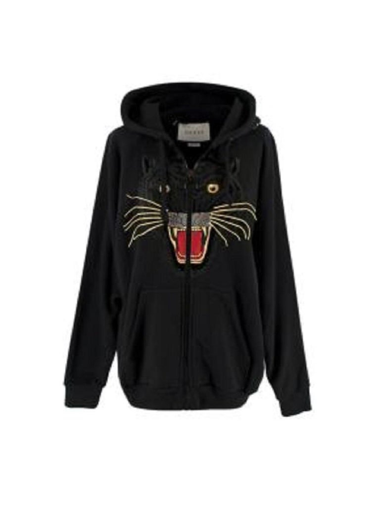 Gucci Black Panther Floral Embroidered Zip Up Hoodie For Sale at 1stDibs