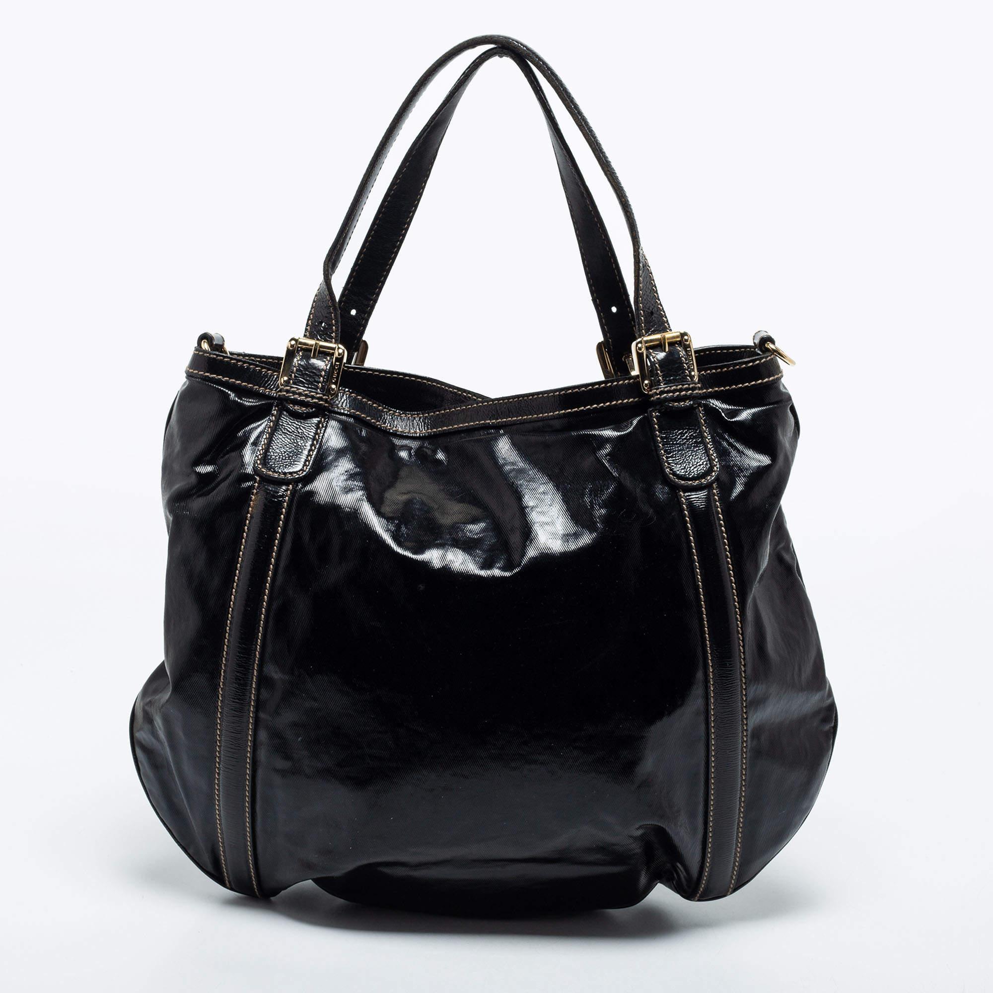 Gucci Black Patent Leather Medium Dialux Britt Tote For Sale at 1stDibs