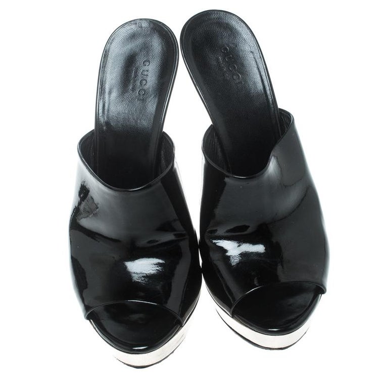 Gucci Black Patent Leather Platform Open Toe Mules Slides Sandals Size ...
