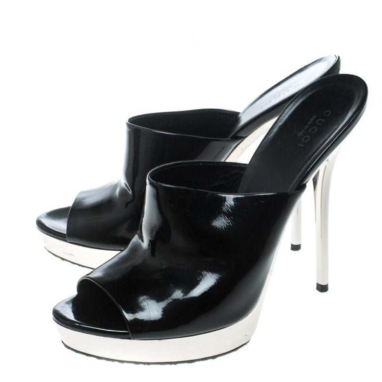 Gucci Black Patent Leather Platform Open Toe Mules Slides Sandals Size ...