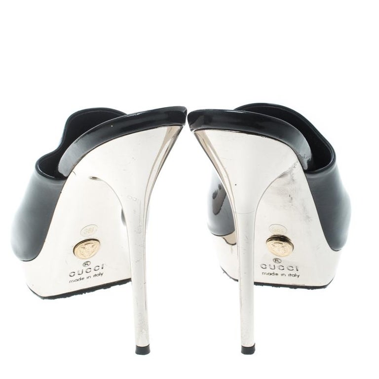 Gucci Black Patent Leather Platform Open Toe Mules Slides Sandals Size ...