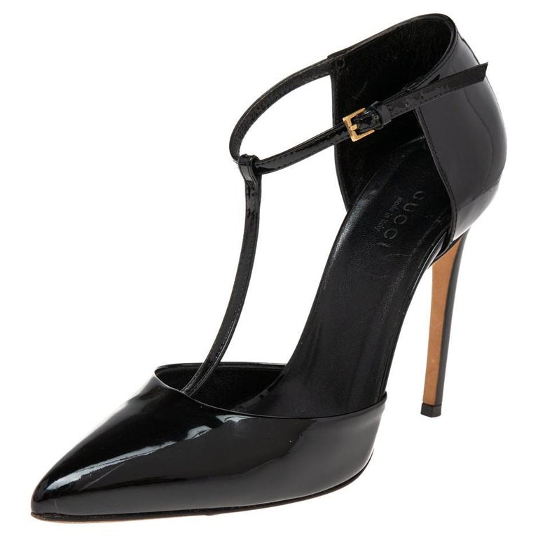 Gucci Black Patent Leather Pointed Toe T Strap Pumps Size 36 For Sale ...