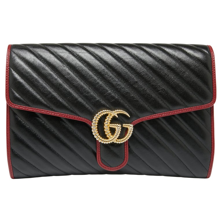 Gucci Black/Red Diagonal Quilt Leather GG Marmont Torchon Clutch at 1stDibs