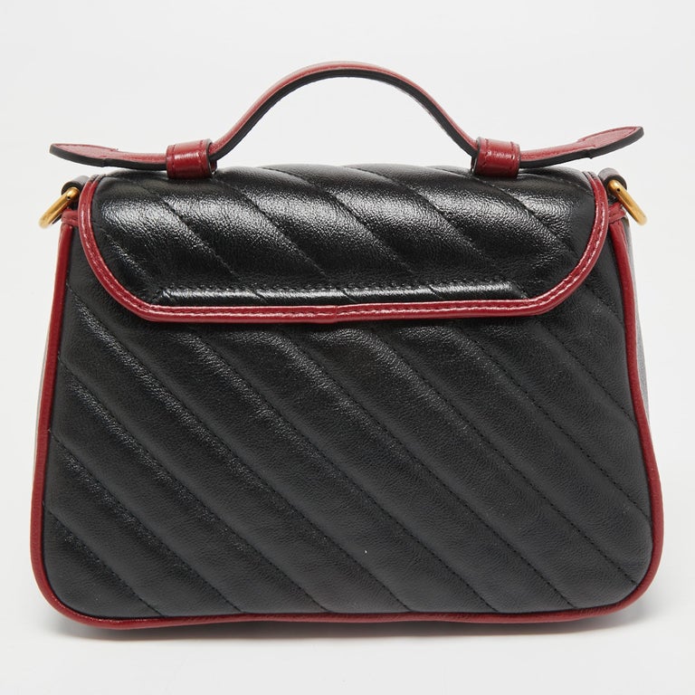 Gucci Black/Red Diagonal Quilt Leather Mini GG Marmont Top Handle Bag ...