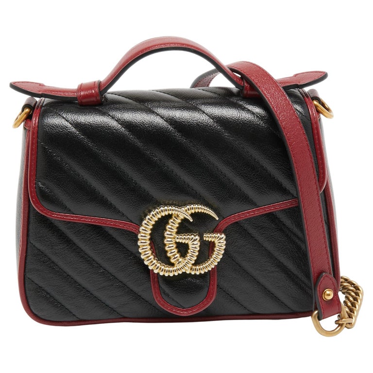 Gucci Black/Red Diagonal Quilt Leather Mini GG Marmont Top Handle Bag ...