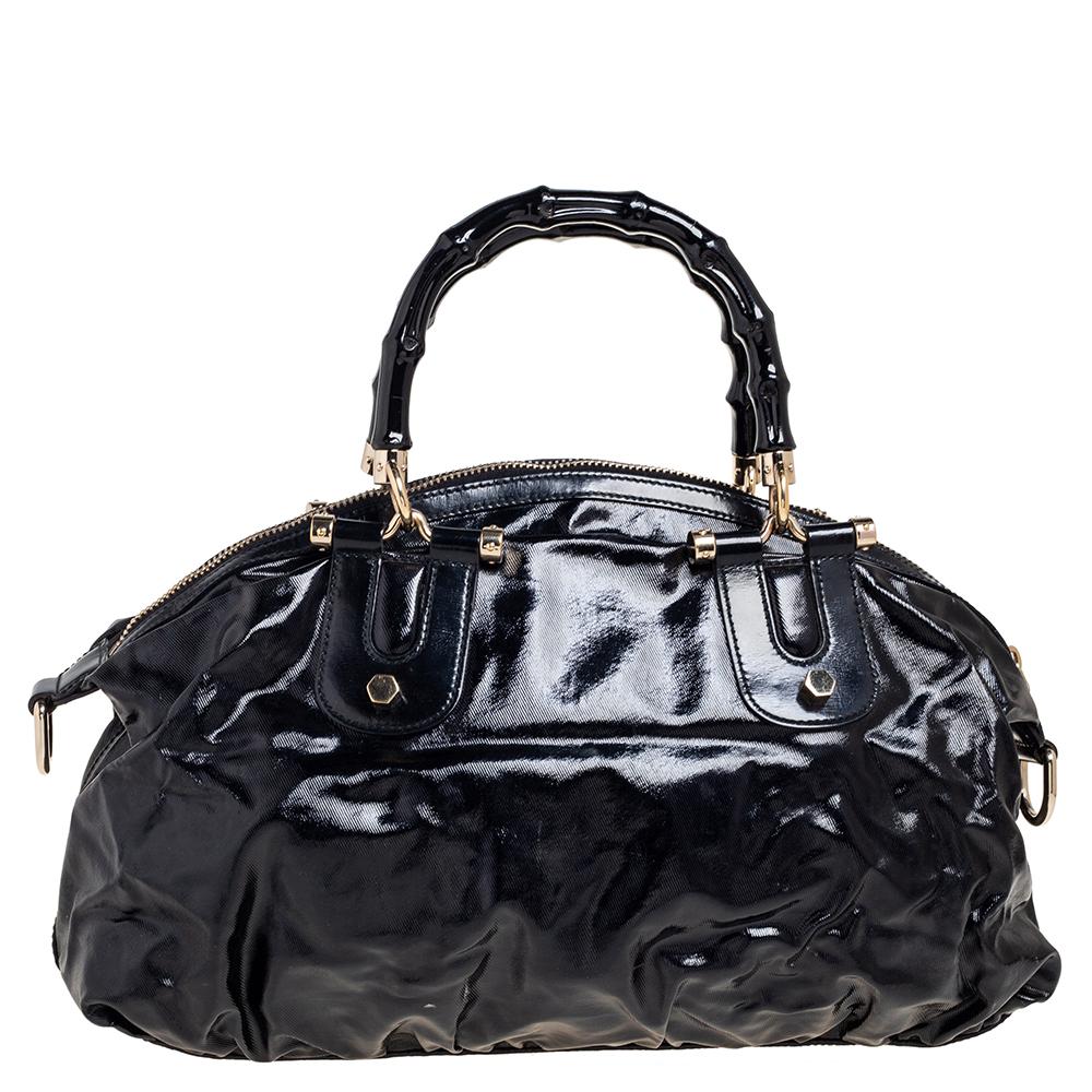Gucci Black Shiny Coated Canvas And Leather Dialux Pop Bamboo Satchel ...