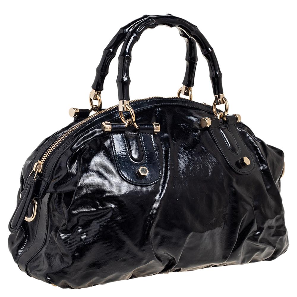 Gucci Black Shiny Coated Canvas And Leather Dialux Pop Bamboo Satchel ...