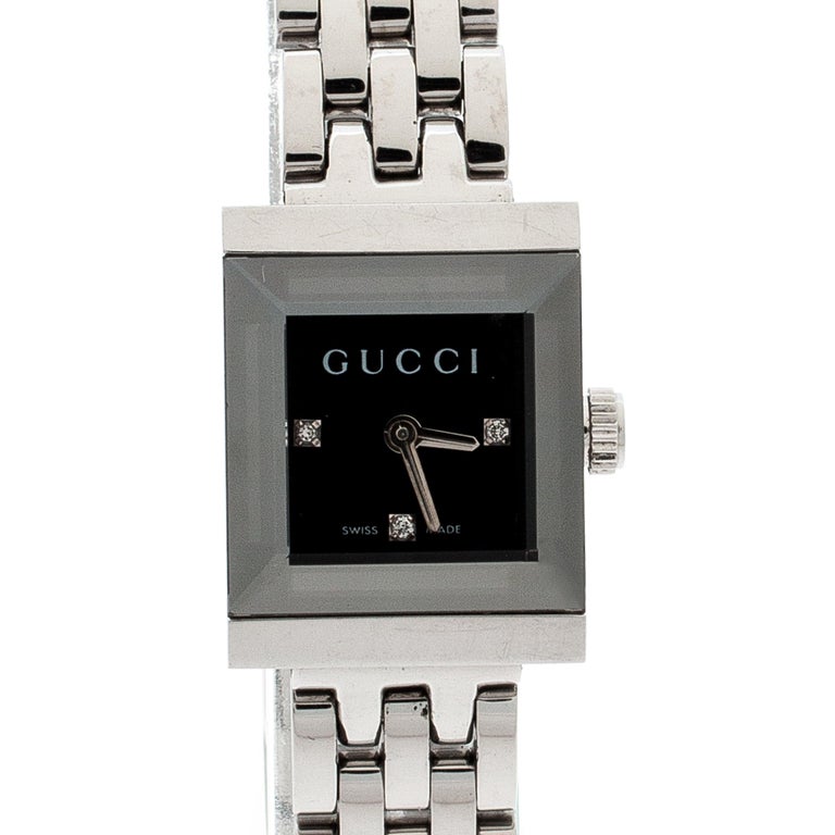 Gucci Black Stainless Steel G-Frame Diamonds 128.5 Women's Wristwatch ...