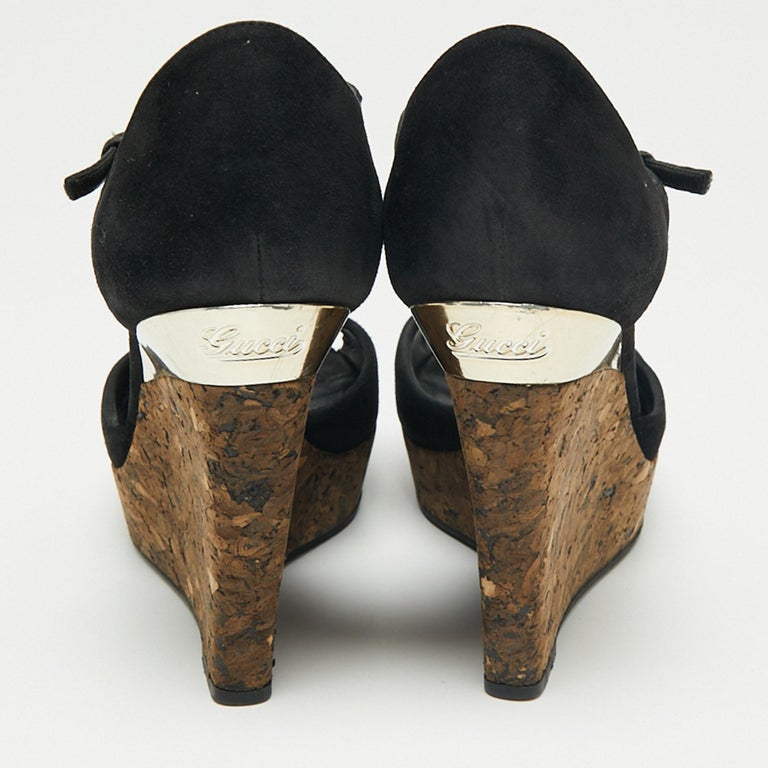Gucci Black Suede Cork Wedge Platform Sandals Size 38 For Sale at 1stDibs