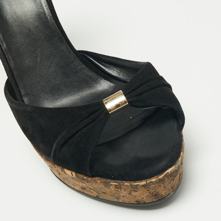 Gucci Black Suede Cork Wedge Platform Sandals Size 38 For Sale at 1stDibs