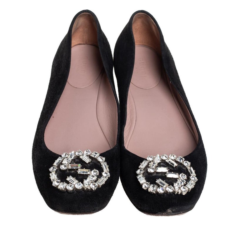 Gucci Black Suede Crystal GG Ballet Flats Size 36 at 1stDibs