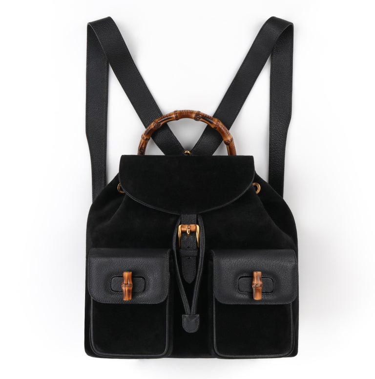 GUCCI Black Suede Leather Drawstring Bamboo Handle Two Pocket Backpack ...