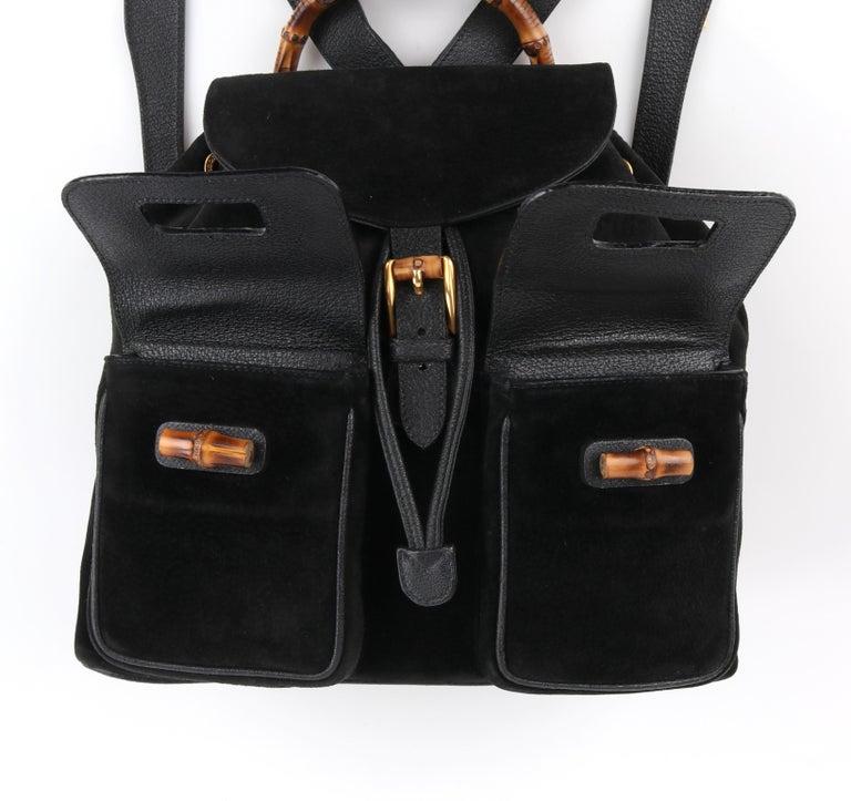 GUCCI Black Suede Leather Drawstring Bamboo Handle Two Pocket Backpack ...