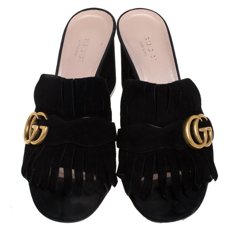 Gucci Black Suede Leather GG Marmont Fringe Mules Size 37.5 at 1stDibs ...