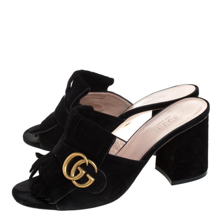 Gucci Black Suede Leather GG Marmont Fringe Mules Size 37.5 at 1stDibs ...