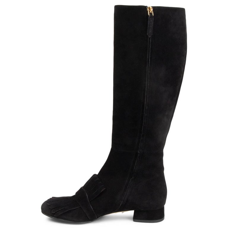 GUCCI black suede MARMONT GG FRINGE FLAT KNEE HIGH Boots Shoes 38.5 at ...