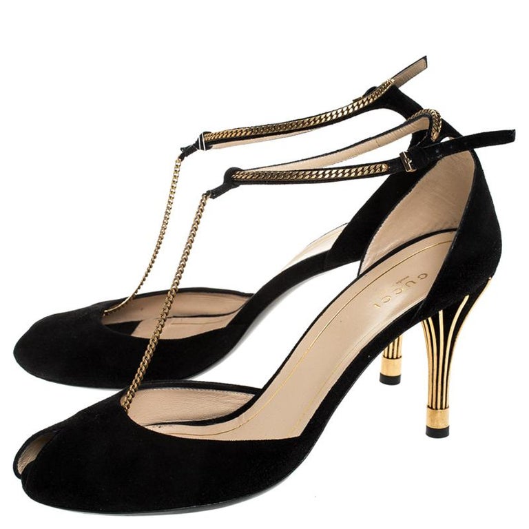 Gucci Black Suede Ophelie Chain Detail Ankle Strap Sandals Size 40 at ...