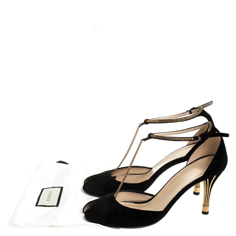 Gucci Black Suede Ophelie Chain Detail Ankle Strap Sandals Size 40 at ...