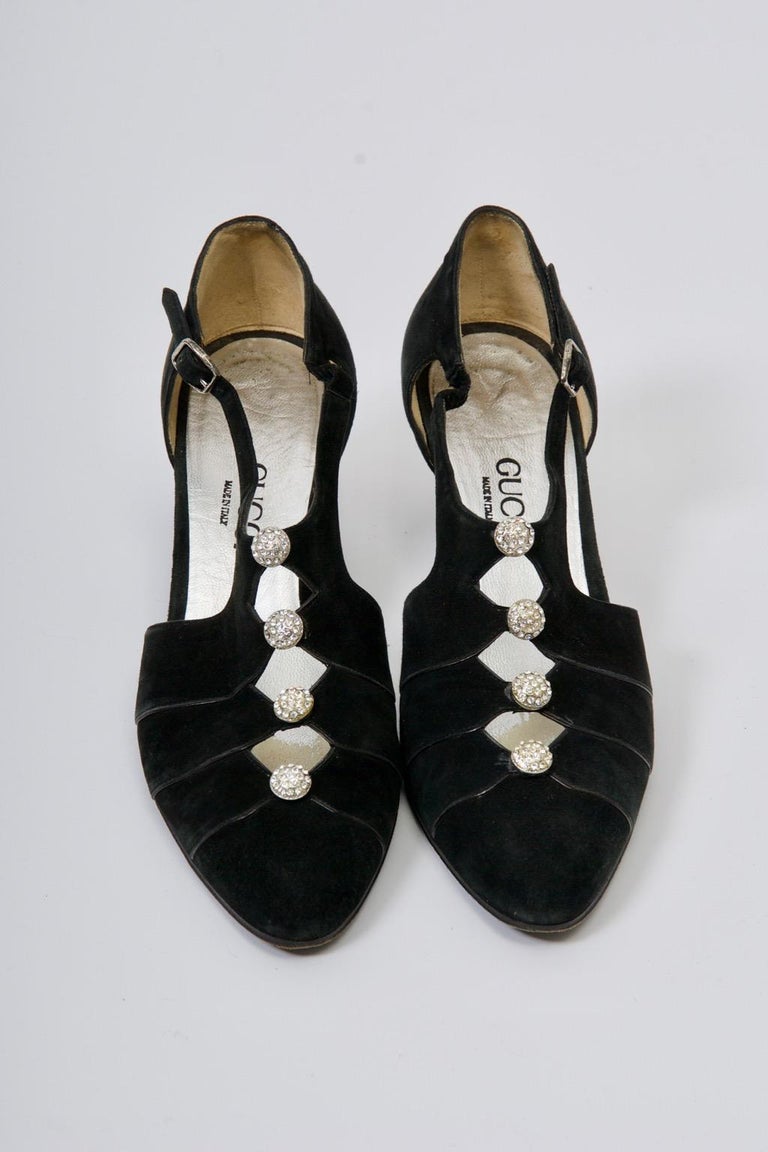 Gucci Black Suede Shoes with Rhinestone Accents at 1stDibs