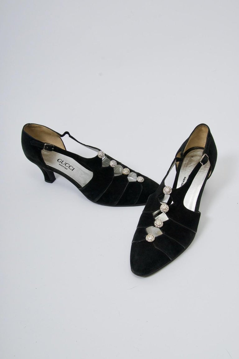 Gucci Black Suede Shoes with Rhinestone Accents at 1stDibs