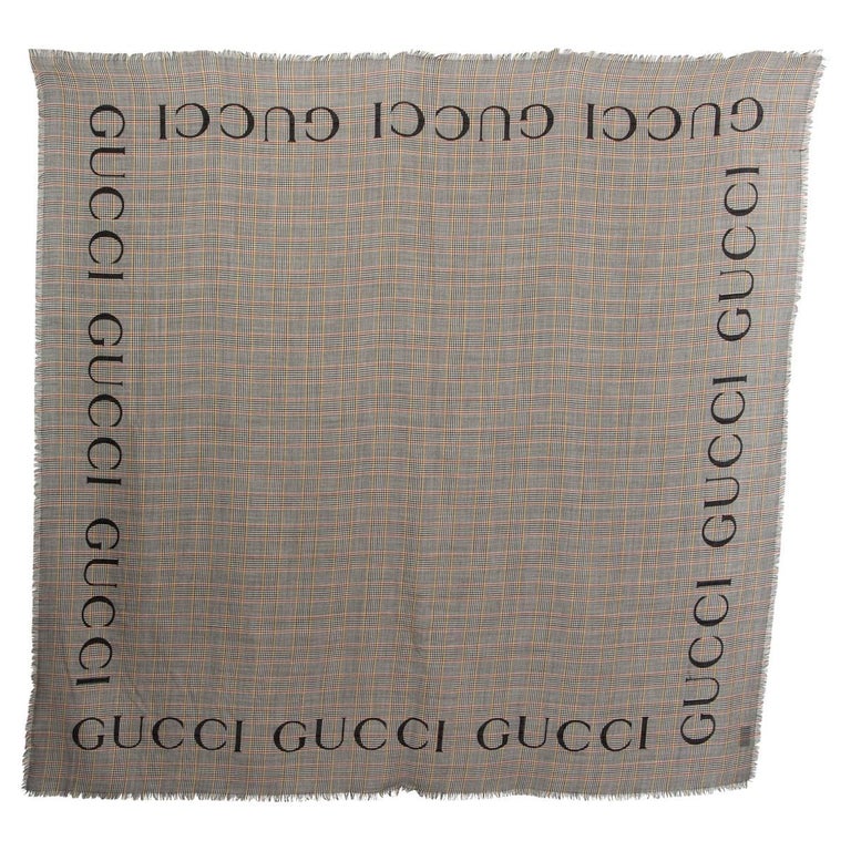 GUCCI black white yellow orange wool 2019 CHECK and LOGO Shawl Scarf ...