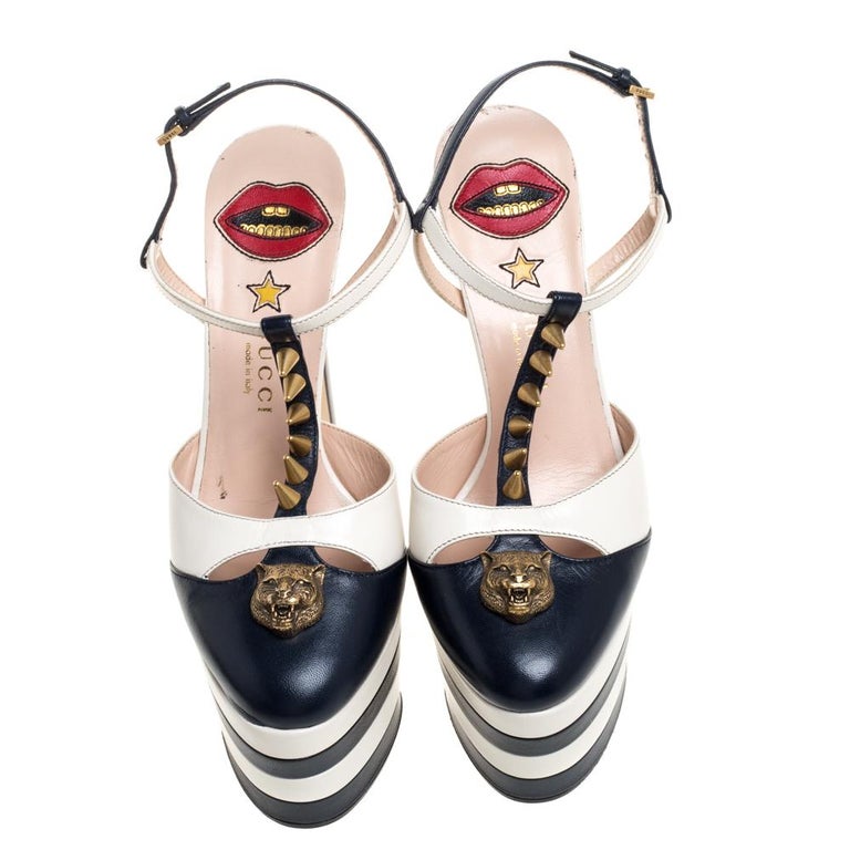 Gucci Blue And White Leather Spike Studded Platform Ankle Strap Sandals ...