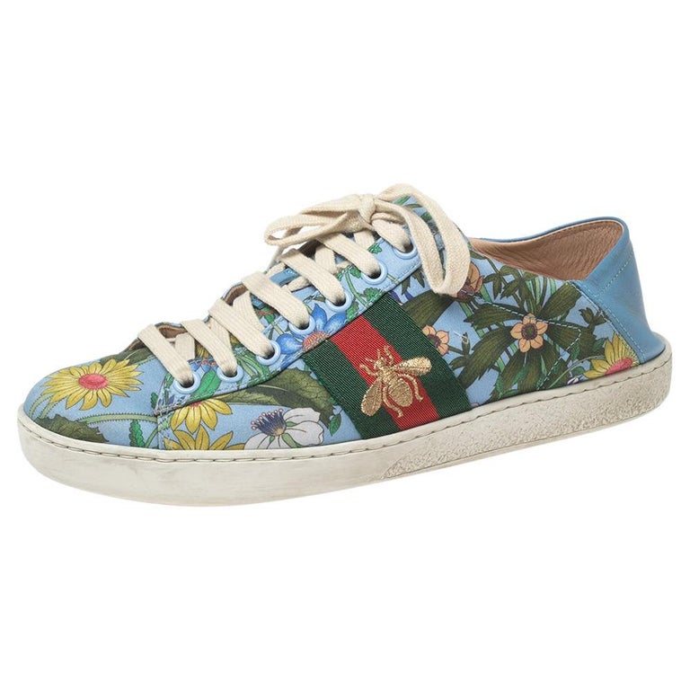 Gucci Blue Canvas Flower Print And Leather Ace Sneakers Size 36 at 1stDibs
